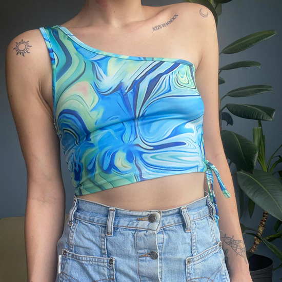 One-Shoulder Plavo/Zeleni Retro Wavy Crop Top