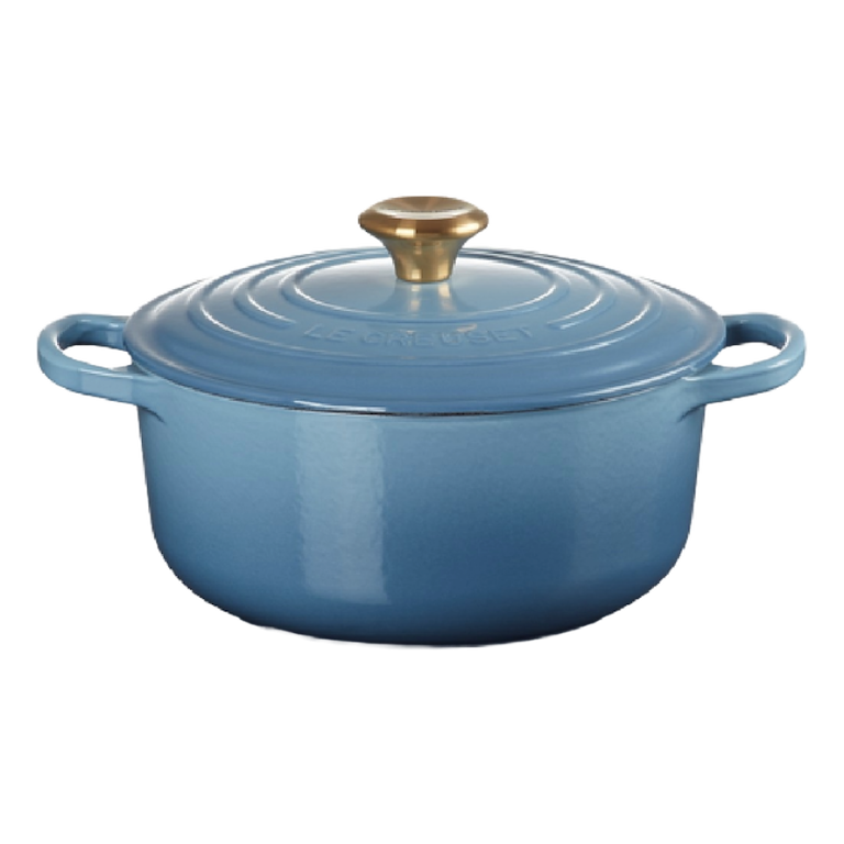 Le Creuset okrugla kaserola od livenog gvožđa sa dugmetom u boji zlata, 24 cm, 4.2 l