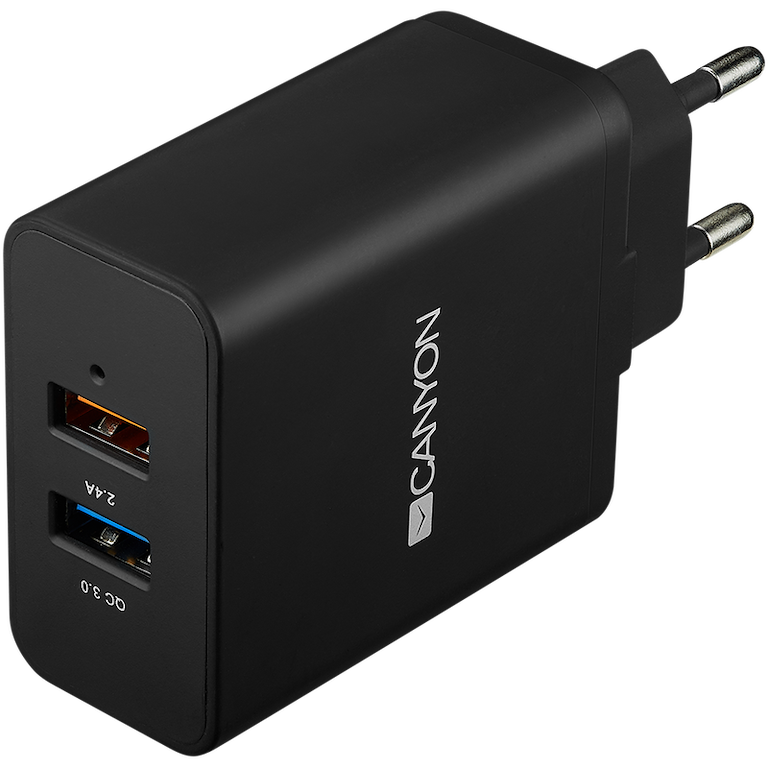 CANYON H-07 Universal 2xUSB AC charger (in wall) with over-voltage protection(1 USB with Quick Charger QC3.0), Input 100V-240V, Output USB/5V-2.4A+QC3.0/5V-2.4A&9V-2A&12V-1.5A, with Smart IC