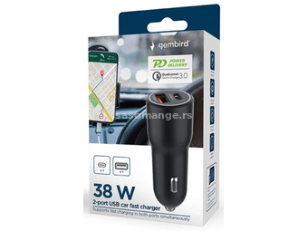 GEMBIRD TA-UC-AC2PDQC38-CAR-01 Gembird 2-port USB brzi punjac za auto, Type-C PD, 38W, black