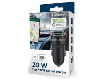 GEMBIRD TA-UC-A2PDQC20-CAR-01 Gembird 2-port USB car fast charger, Type-C PD, 20 W, black