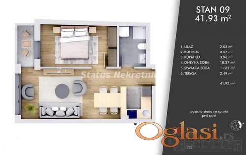 Centar-Idealan Dvosoban stan 42 m2 u Izgradnji-povraćaj PDV-a-065/385 8880