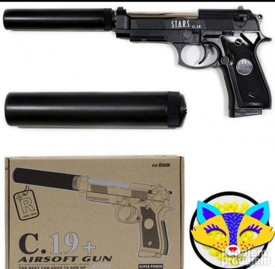 Metalni Pistolj za Airsoft model C.19 C19+ sa prigusivacem