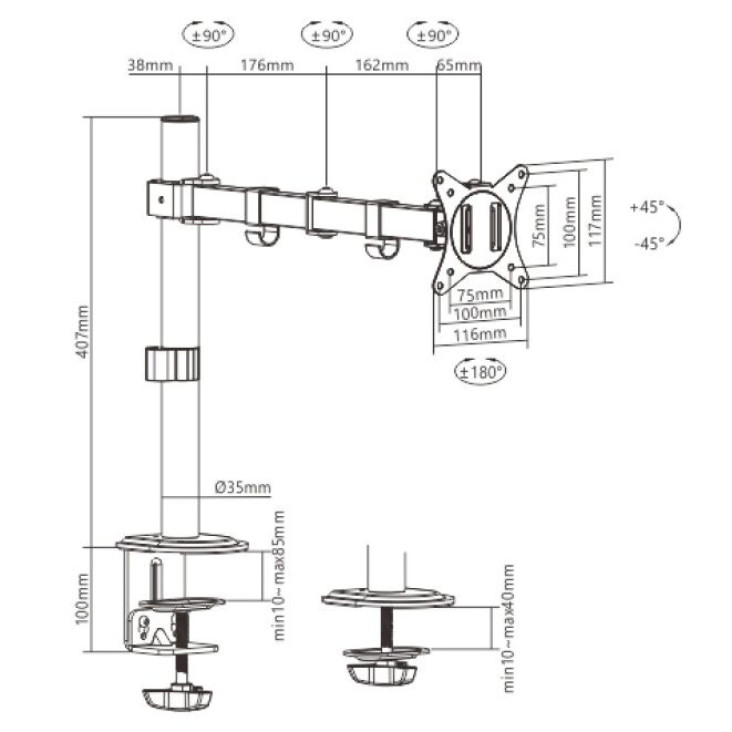 MA-D1-01 Gembird Podesivi stoni drzac za monitor jedna ruka-Produzeni, tilt, 17-32 max.9kg