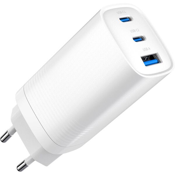 TA-UC-PDQC65-01-W Gembird 3-port 65W GaN USB PowerDelivery fast charger, white