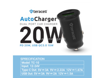 Auto punjac Teracell Evolution TC-10 PD 20W, USB QC3.0 15W sa Type C kablom crni