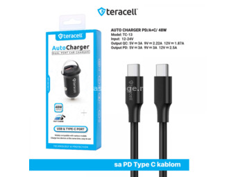 Auto punjac Teracell Evolution TC-13 PD 30W + USB QC3.0 18W, 48W (total) sa PD Type C kablom crni