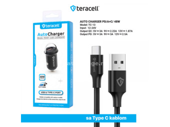 Auto punjac Teracell Evolution TC-13 PD 30W + USB QC3.0 18W, 48W (total) sa Type C kablom crni