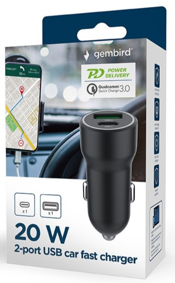 TA-UC-A2PDQC20-CAR-01 Gembird 2-port USB car fast charger, Type-C PD, 20 W, black