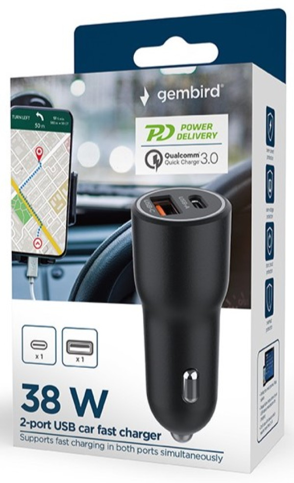 TA-UC-AC2PDQC38-CAR-01 Gembird 2-port USB car fast charger, Type-C PD, 38W, black