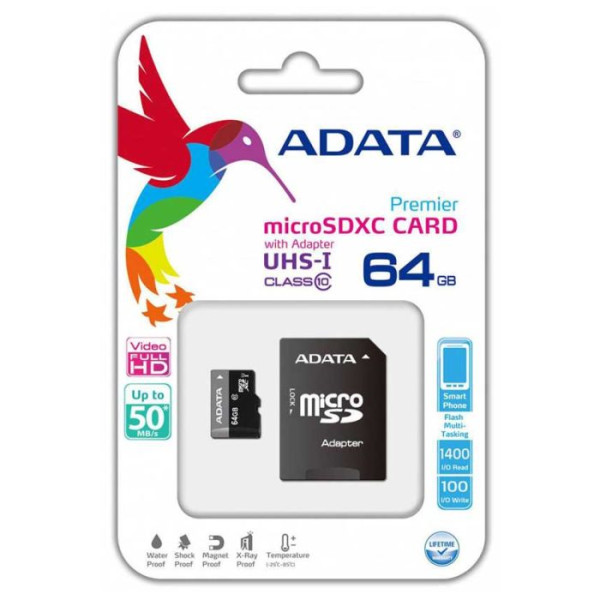 A-DATA Memorijska kartica UHS-I MicroSDXC 64GB class 10 + adapter AUSDX64GUICL10A1-RA1