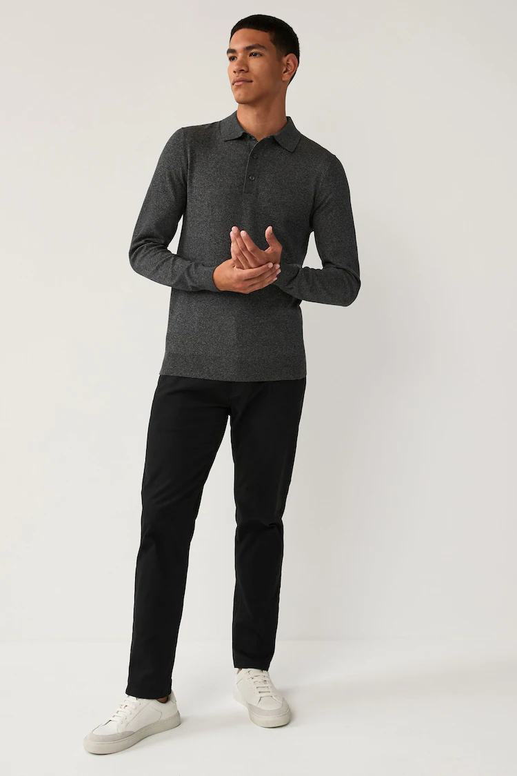 Charcoal Grey Slim Fit Knitted Long Sleeve Polo Shirt