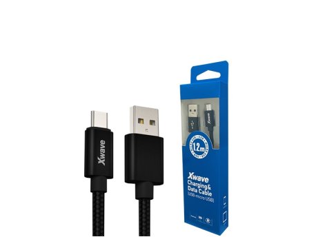 X WAVE Kabl USB2.0 na Micro USB 1,2M,2A,aluminium,upleten,crni