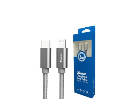 X WAVE Kabl USB Tip-C za IPHONE 2M 3A,lightning aluminium,upleteni,tamno sivi