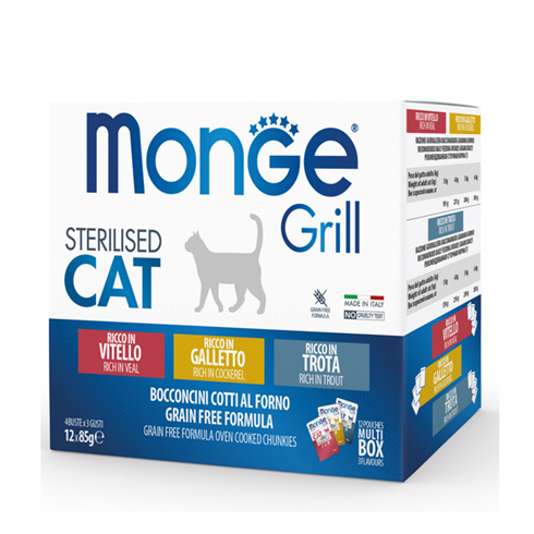 Monge Grill Sterilised Cat Multipack sosićI za mace 12x85g teletina, petlić, pastrmka