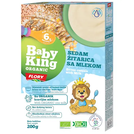 Baby King
ORGANIC SEDAM ŽITARICA SA MLEKOM, od 6. meseca, 200 g
Dijetetska namirnica