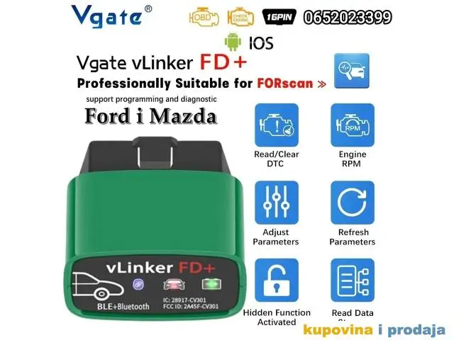 Vgate vLinker FD+ ELM327 V2.2 za Ford i Mazdu, Bluetooth 4.0