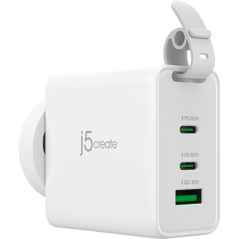 J5Create JUP3565CV-N Punjač sa promenljivim AC utikačima i USB-C kablom, GaN, USB-C 3-portni, 65V, Beli