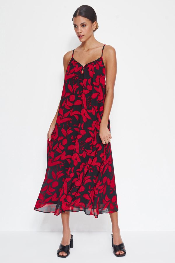 TRENDYOL RED STRAIGHT CUT MAXI WOVEN CHIFFON LINED FLORAL PATTERN WOVEN DRESS