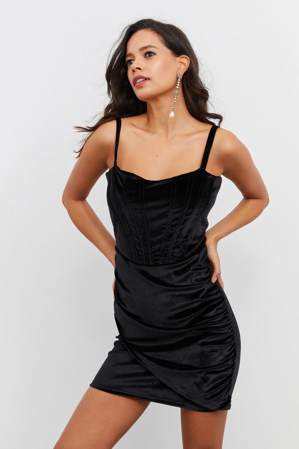 COOL & SEXY WOMEN'S BLACK VELVET DRAPED MINI DRESS YEL63