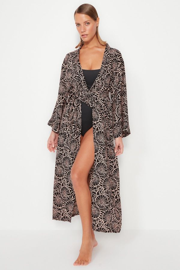 TRENDYOL UNDERWATER PATTERNED BELTED MAXI WOVEN KIMONO & CAFTAN