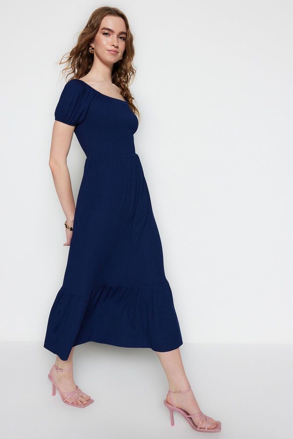 TRENDYOL NAVY BLUE CARMEN COLLAR A-LINE MAXI KNITTED DRESS