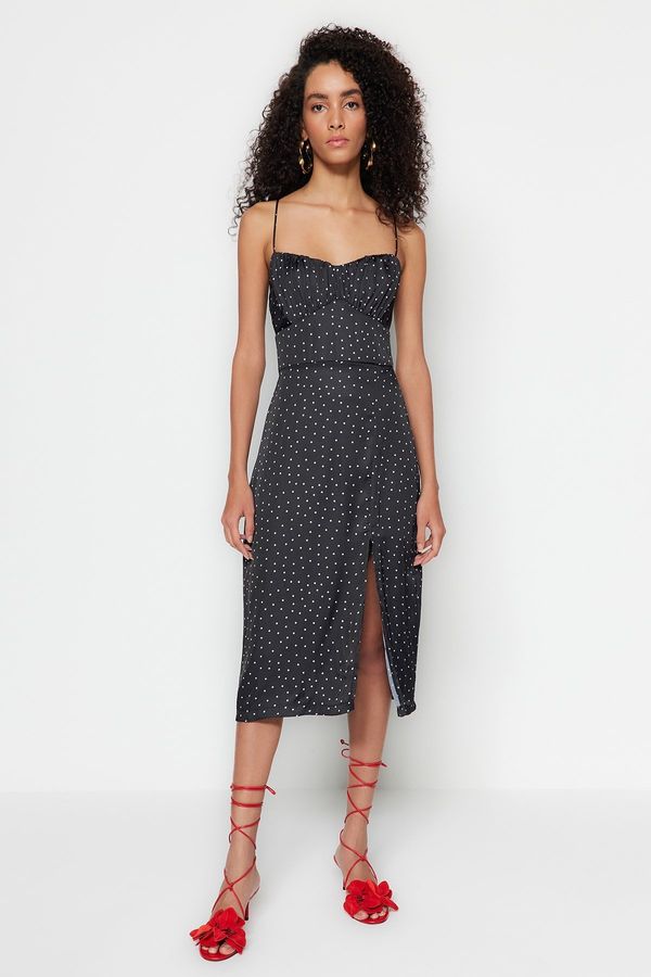 TRENDYOL BLACK POLKA DOT A-CUT MIDI SATIN STRAP WOVEN DRESS