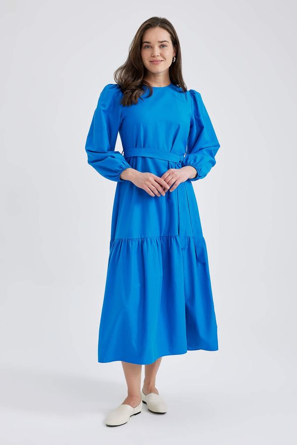 DEFACTO CREW NECK TIE WAIST DETAILED POPLIN LONG SLEEVE MAXI DRESS