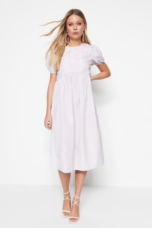 TRENDYOL LILAC WOVEN BRODE BALLOON SLEEVE MIDI WOVEN DRESS