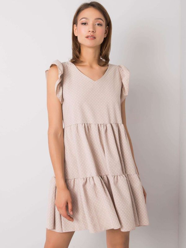 RUE PARIS BEIGE POLKA DOT DRESS WITH FRILL