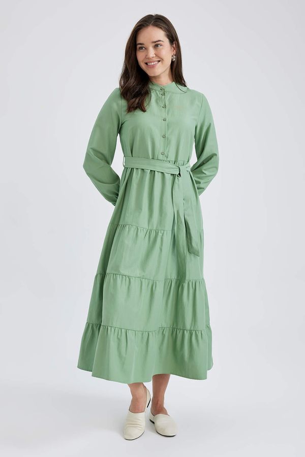 DEFACTO CREW NECK BASIC BELTED LONG SLEEVE POPLIN MAXI DRESS