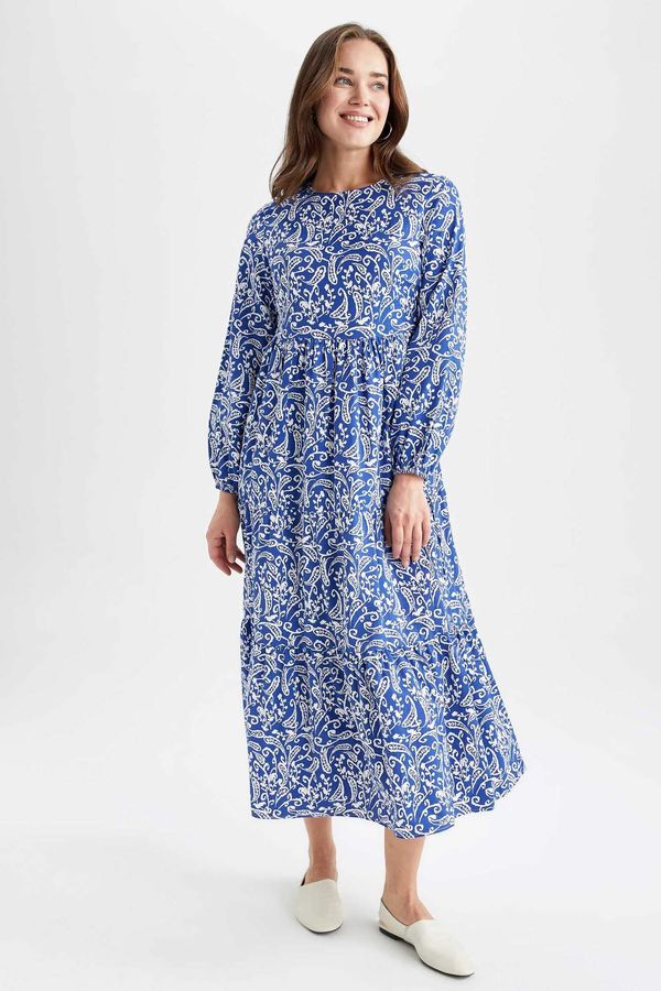 DEFACTO CREW NECK FLORAL POPLIN LONG SLEEVE MAXI DRESS