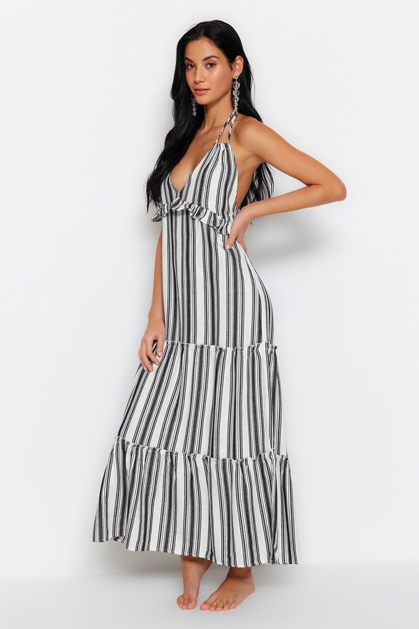 TRENDYOL STRIPED MAXI WOVEN RUFFLE BEACH DRESS