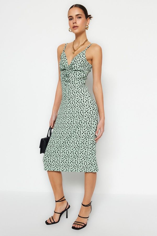 TRENDYOL MINT POLKA DOT PRINTED WRAPPED WAIST/SKATER STRAP MIDI KNITTED DRESS