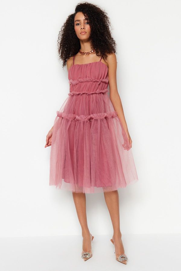 TRENDYOL DUSTY ROSE WAIST OPENING/SKATER LINED TULLE ELEGANT EVENING DRESS
