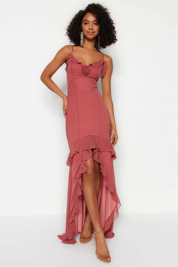 TRENDYOL DRIED ROSE WEAVE CHIFFON FLARED EVENING DRESS