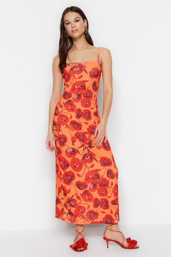 TRENDYOL ORANGE FLORAL PATTERN SQUARE COLLAR MAXI STRETCH KNITTED DRESS