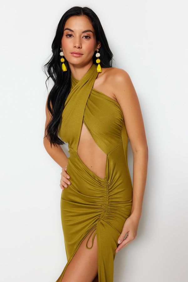 TRENDYOL KHAKI FITTED MAXI KNITTED CUT OUT/WINDOW BEACH DRESS