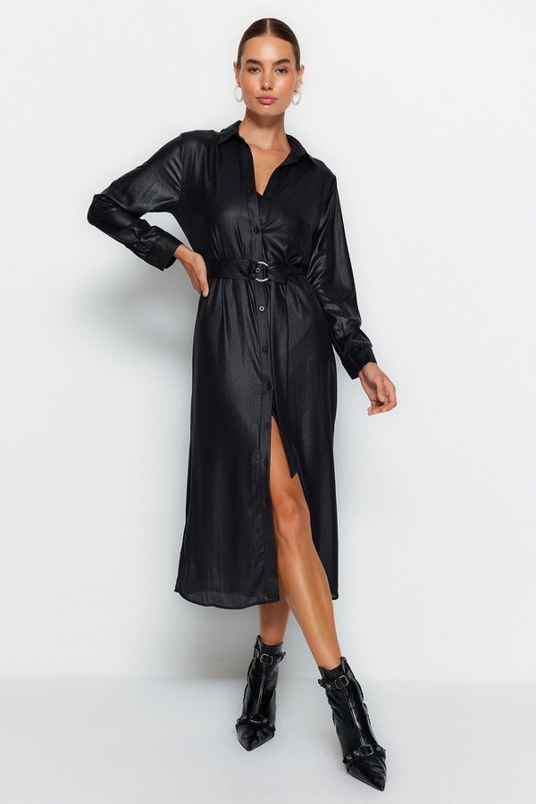 TRENDYOL BLACK BELTED MAXI WOVEN SHIRT DRESS