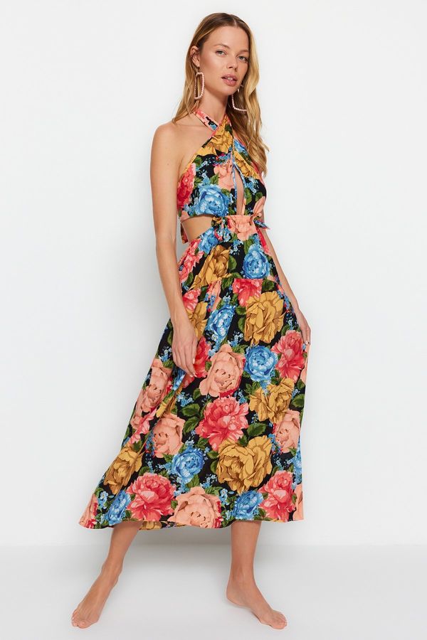 TRENDYOL FLORAL PATTERN MAXI WOVEN TIE 100% COTTON BEACH DRESS