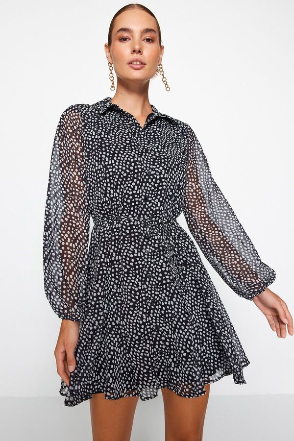 TRENDYOL BLACK POLKA DOT MINI LINED CHIFFON WOVEN SHIRT DRESS