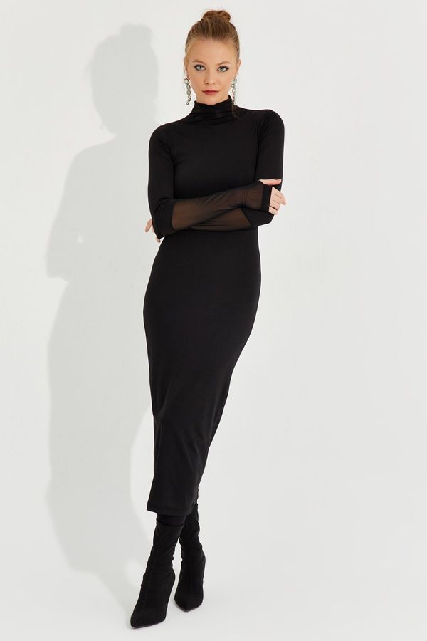 COOL & SEXY WOMEN'S BLACK TULLE DETAILED MIDI DRESS WITH GLOVES