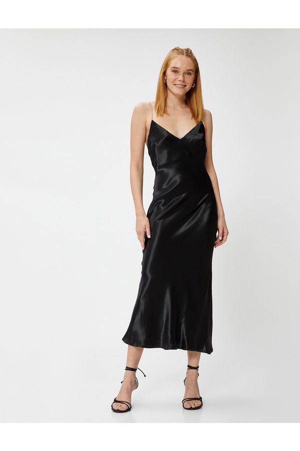 KOTON SATIN EVENING DRESS WITH STONE STRAPS AND LOW-RISE BACK