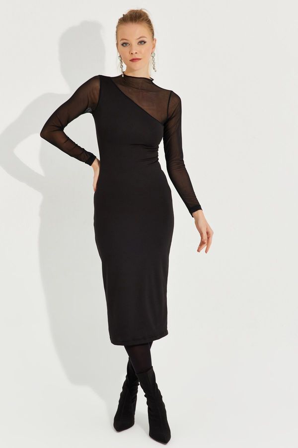 COOL & SEXY WOMEN'S BLACK TULLE DETAILED ASYMMETRIC MIDI DRESS