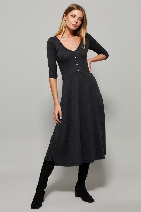 COOL & SEXY WOMEN'S ANTHRACITE BUTTON ACCESSORY V-NECK DRESS