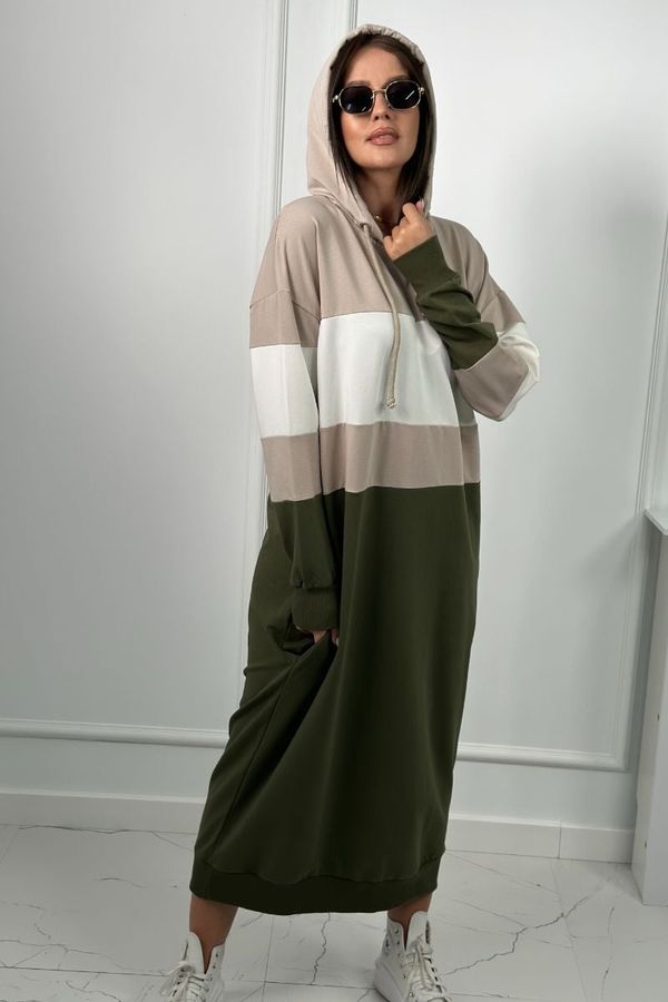 TRI-COLOR DRESS WITH HOOD BEIGE + ECRU + KHAKI