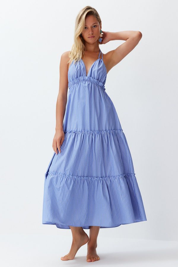 TRENDYOL BLUE STRIPED MAXI WOVEN RUFFLED BEACH DRESS