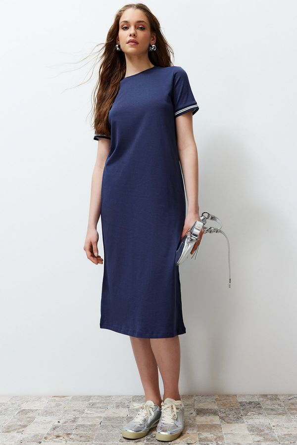 TRENDYOL NAVY BLUE KNITWEAR BAND DETAIL CREW NECK SHORT SLEEVE STRETCHY MIDI KNITTED MAXI DRESS