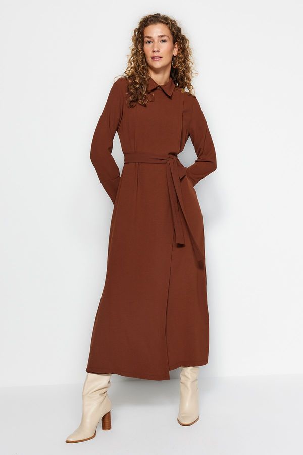 TRENDYOL DARK BROWN BELTED AEROBIN MAXI WOVEN DRESS