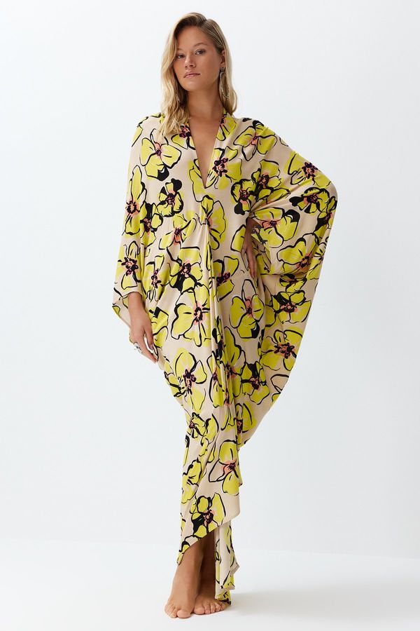TRENDYOL FLOWER PRINT WIDE FIT MAXI WOVEN DRAPED BEACH DRESS